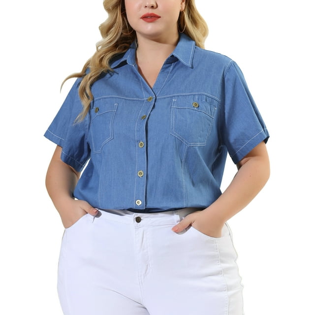 Agnes Orinda Women's Plus Workout Tops Chest Pocket Button Down Denim ...
