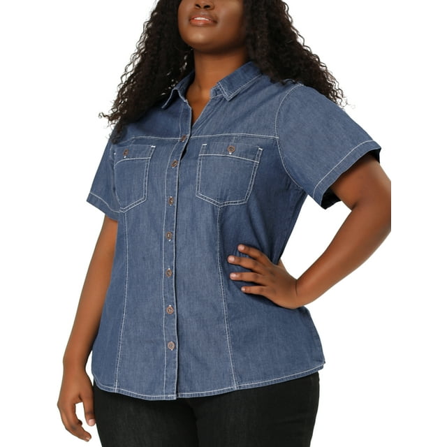 Agnes Orinda Women's Plus Size Denim Office Shirts, Casual Workout Tops ...