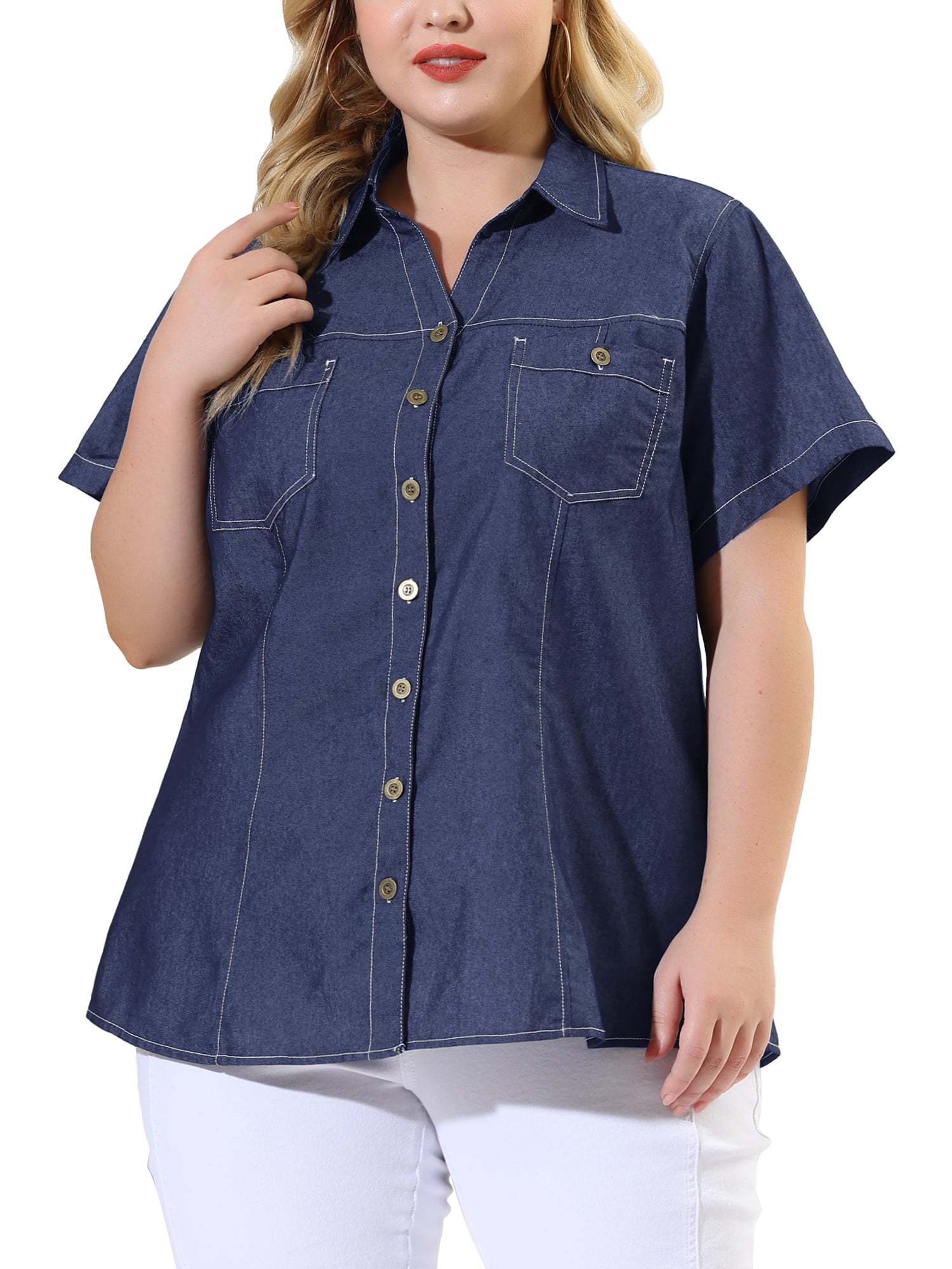 Agnes Orinda Women's Plus Workout Tops Chest Pocket Button Down Denim ...