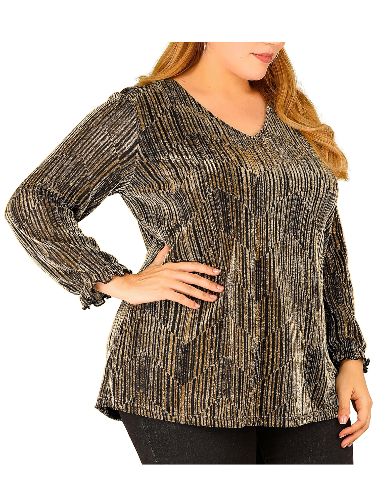 Agnes Orinda Womens Plus Size Top Metallic Party Glitter Long Sleeve ...