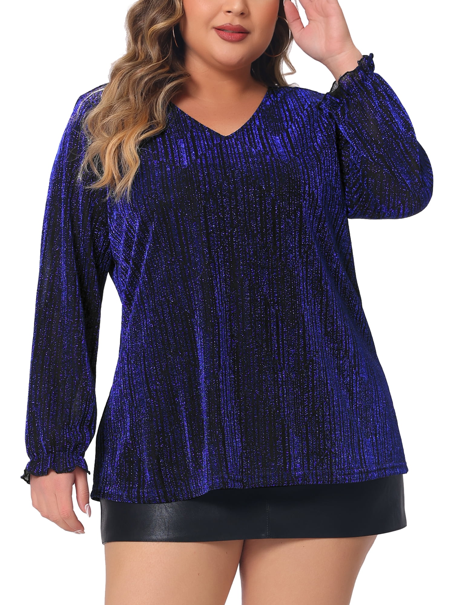 Agnes Orinda Womens Plus Size Top Metallic Party Glitter Long Sleeve ...