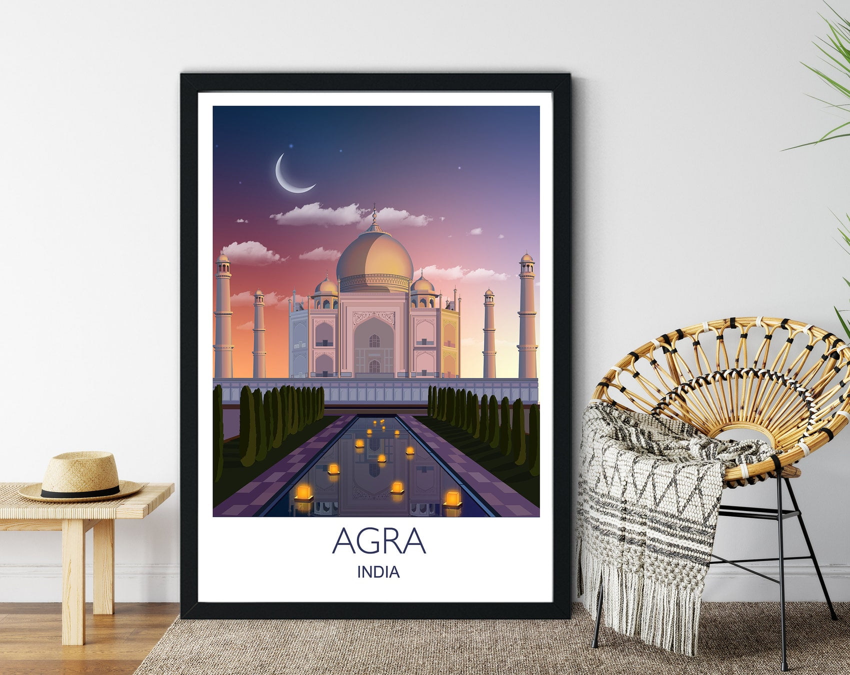 Agra Poster, Travel Print of Taj Mahal at sunset, Agra, India, Taj ...