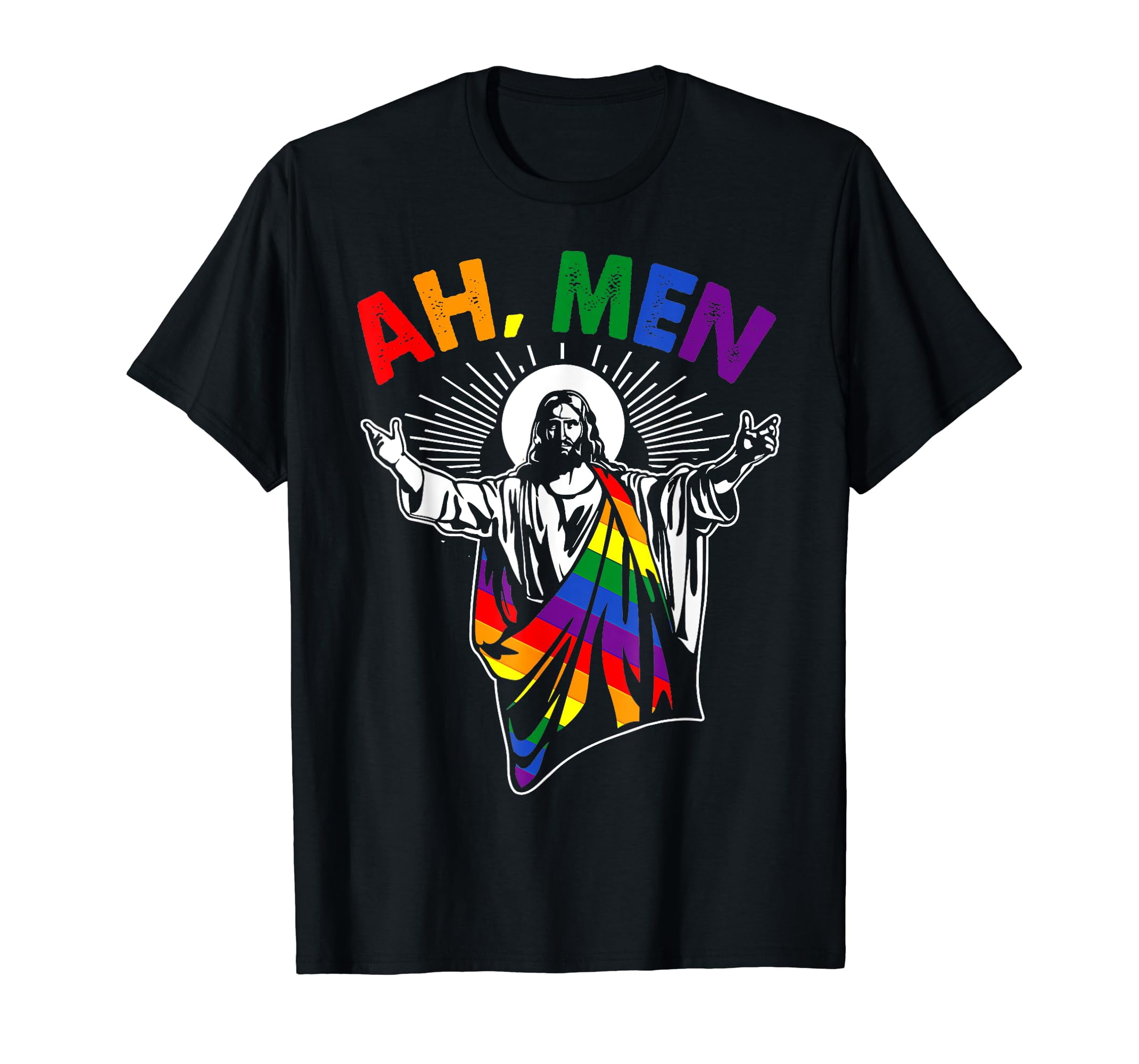 Ah Men Funny LGBT Gay Pride Jesus Rainbow Flag Christian Black T-Shirt ...