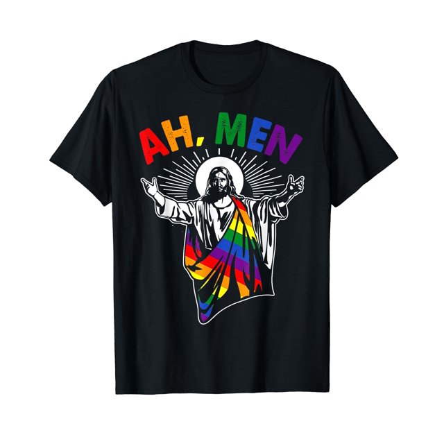 Ah Men Funny LGBT Gay Pride Jesus Rainbow Flag Christian Black T-Shirt ...