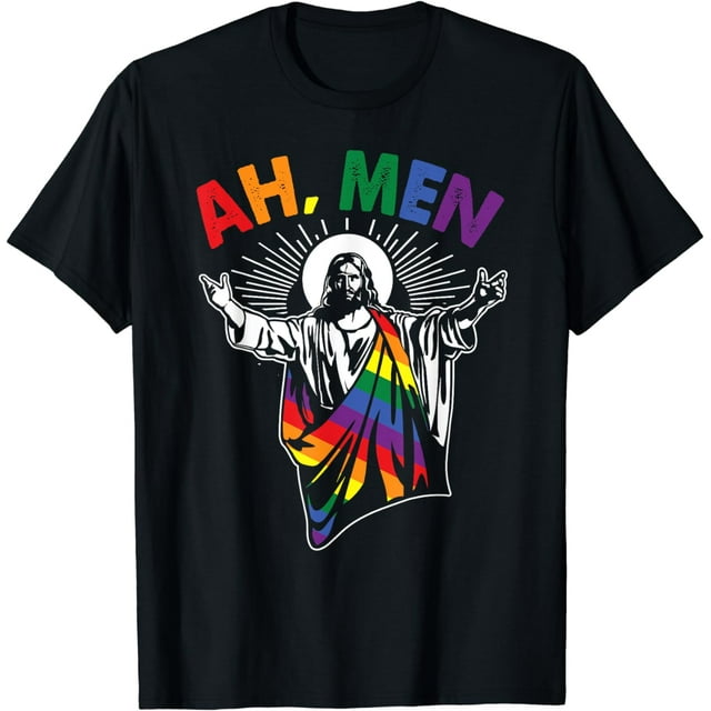 Ah Men Funny LGBT Gay Pride Jesus Rainbow Flag Christian Short Sleeve T-Shirt - Walmart.com
