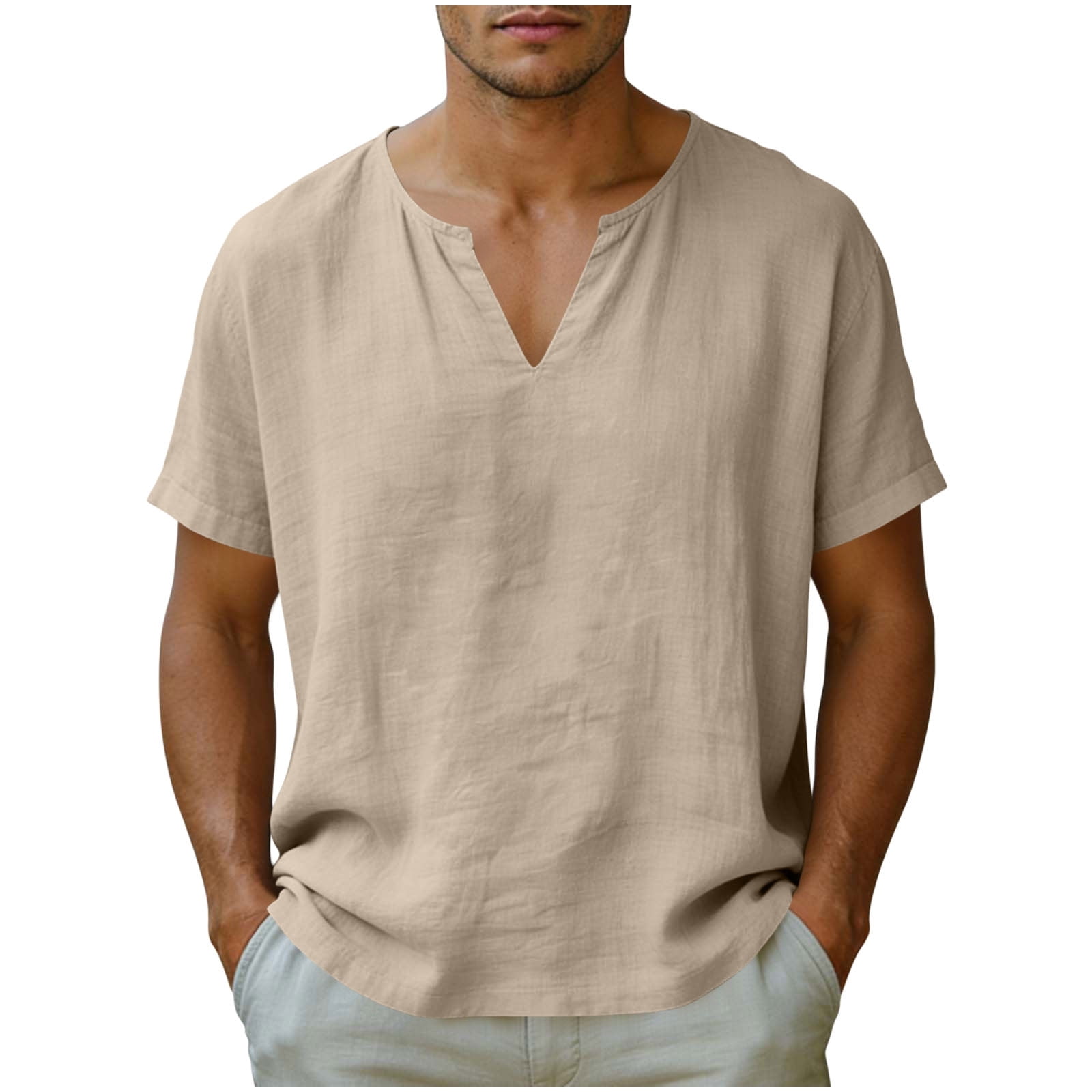 AhaOh Men's Cotton Linen Shirt Short Sleeve Notch V Neck Texture Loose ...