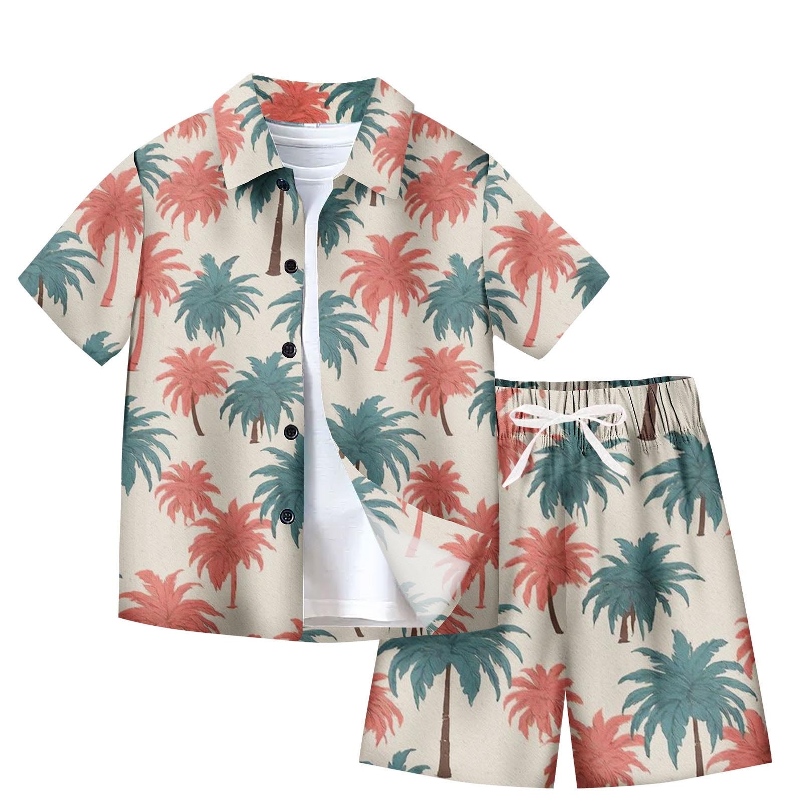 Ahabrexf 2-Piece Hawaiian Print Outfit for Big Kids, Collared Top and ...