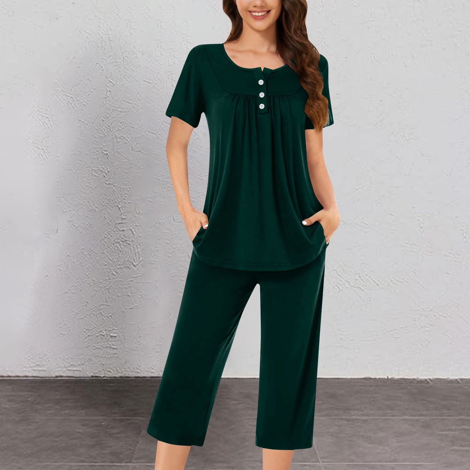 Ahabrexf Womens Pajama Sets 2Pc Women's Solid Color Round Neck Short ...