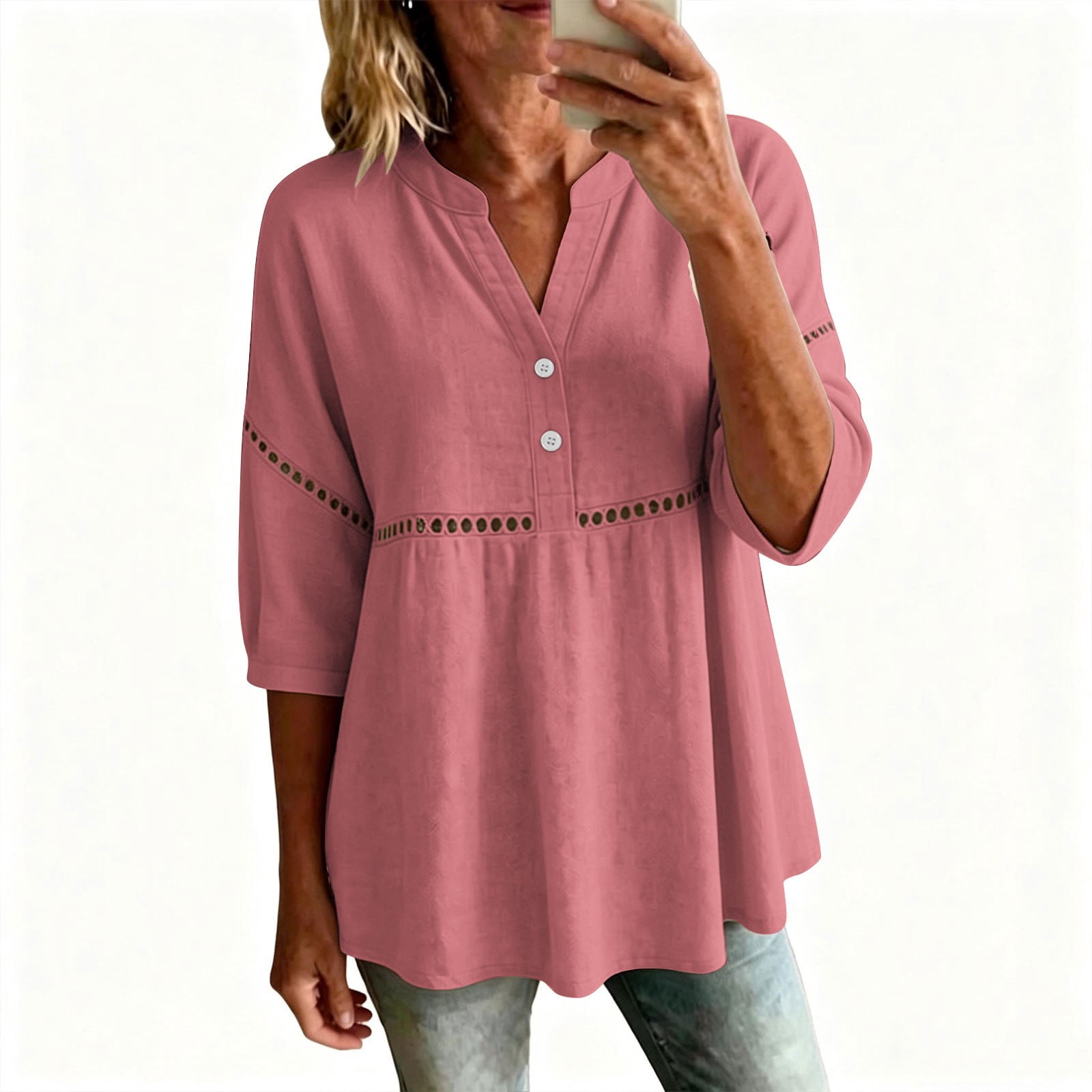 Ahabrexf Blouse V-Neck Hollow Out Half Sleeve Relaxed Fit Washed Top ...