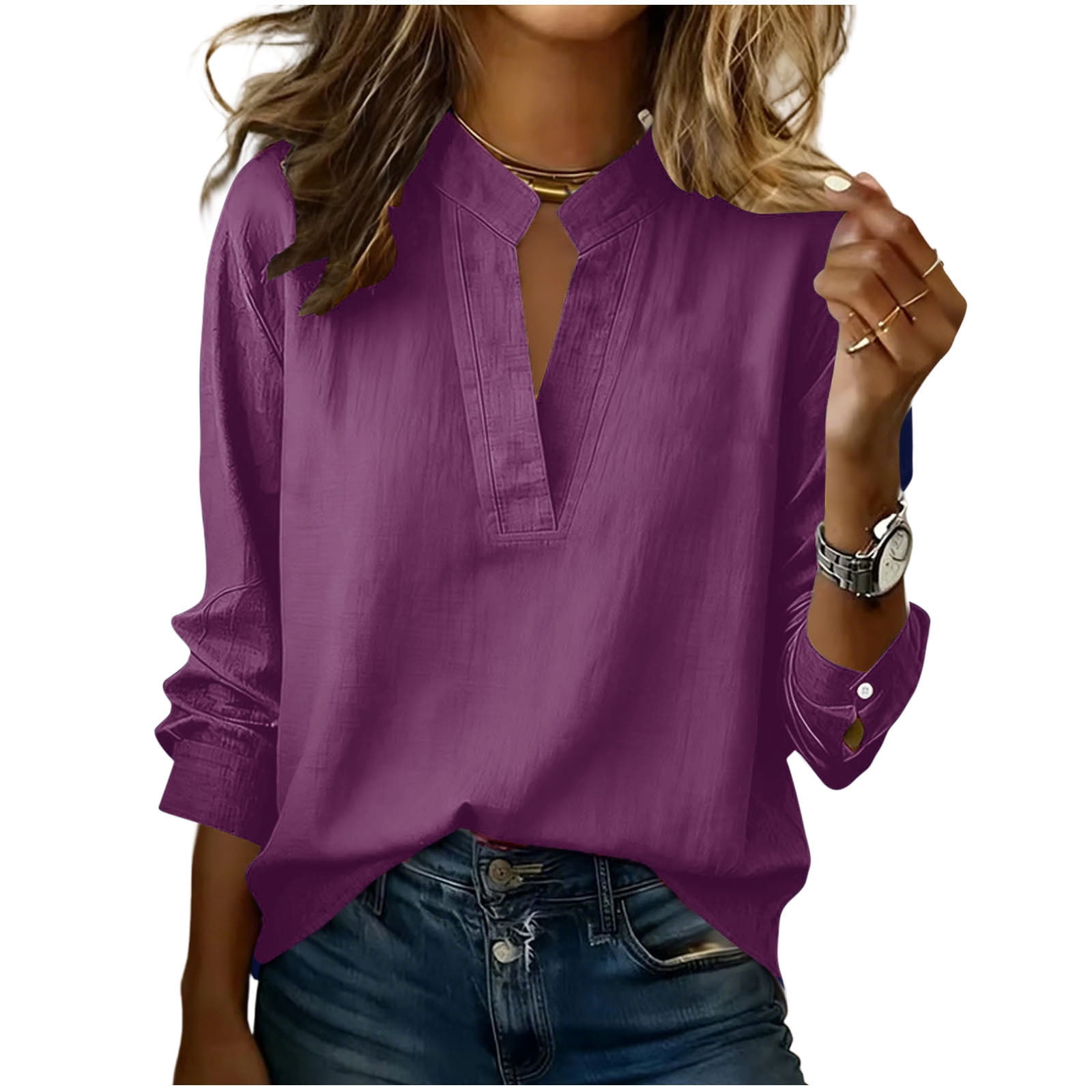 Ahabrexf Button Down Shirts for Women Long Sleeve V-Neck Casual Summer ...