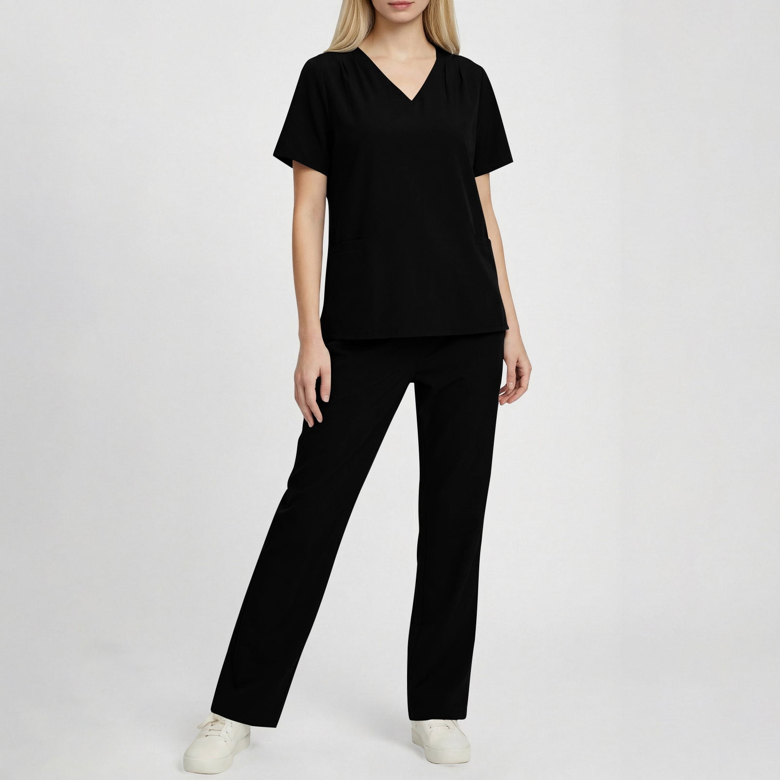 Ahabrexf Caregiver Uniform Set, Womens Short Sleeve V-Neck Pleated ...