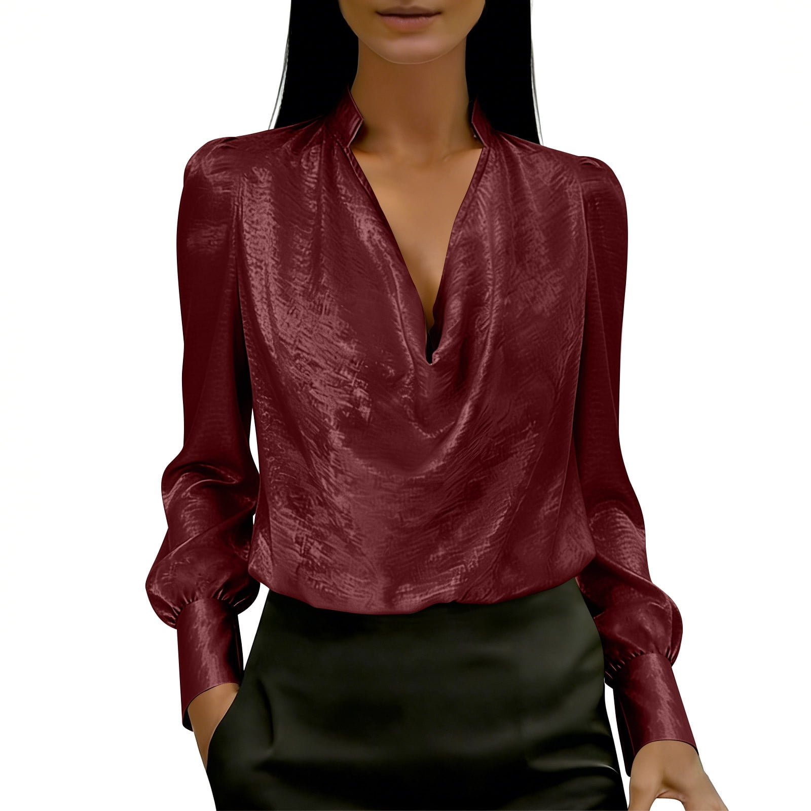 Ahabrexf Casual Blouses for Women, A Long Sleeve Turn-Down Collar Top with Stitching Detail for ...