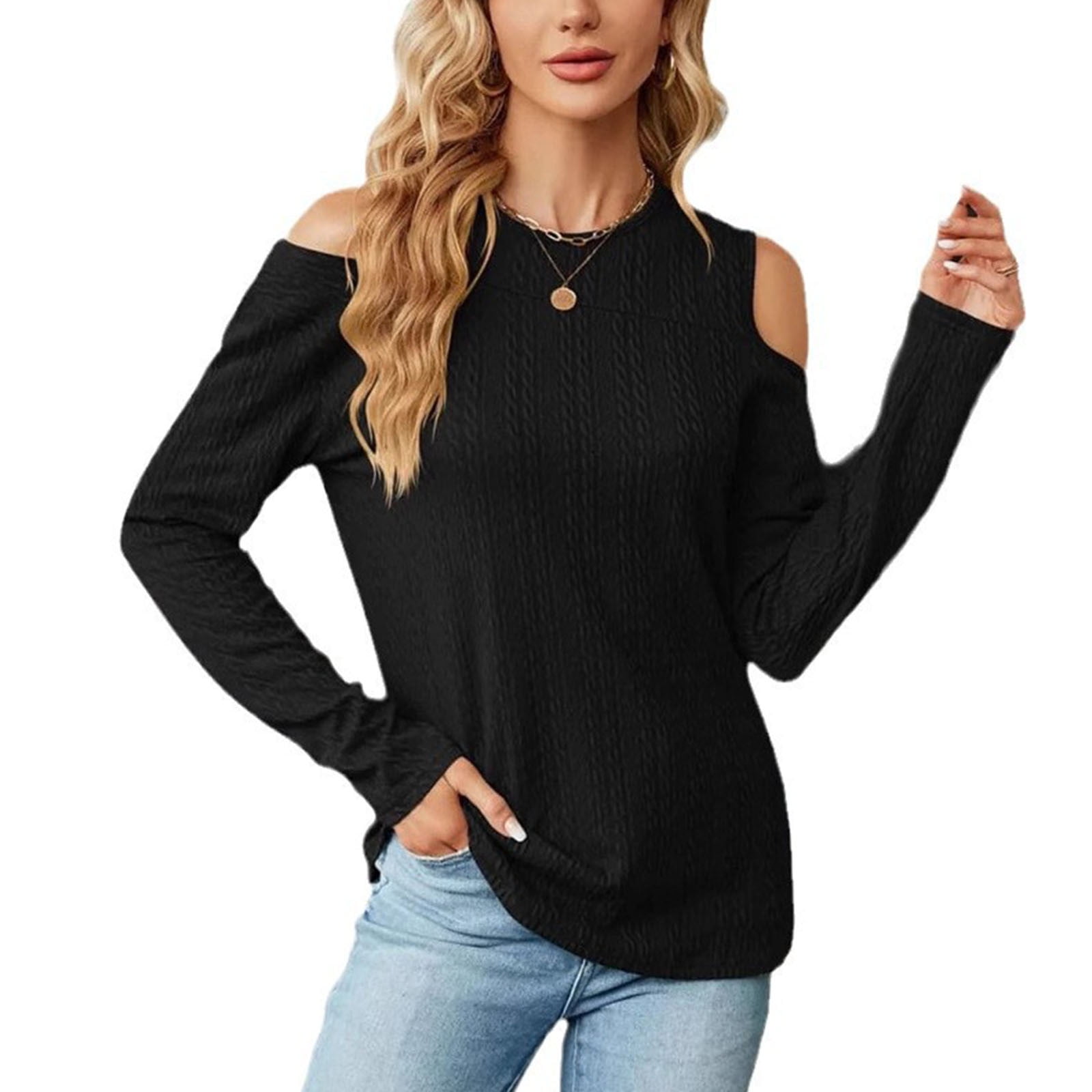 Ahabrexf Cold Shoulder Tops, Casual Round Neck Long Sleeve Shirt for ...