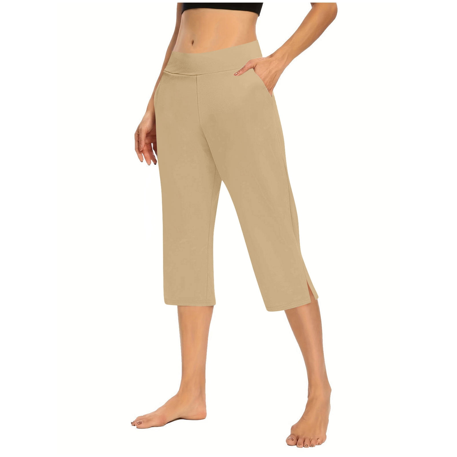 Ahabrexf Cropped Pants Elastic Waist Pockets Casual Stretchy Pants For ...