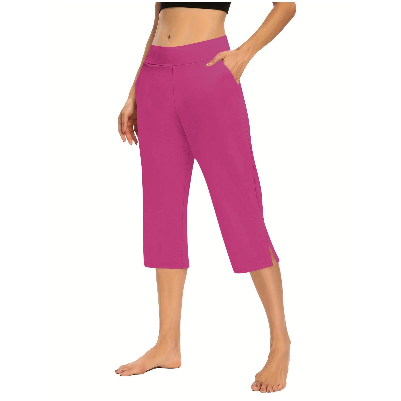 Ahabrexf Cropped Pants Elastic Waist Pockets Casual Stretchy Pants For ...