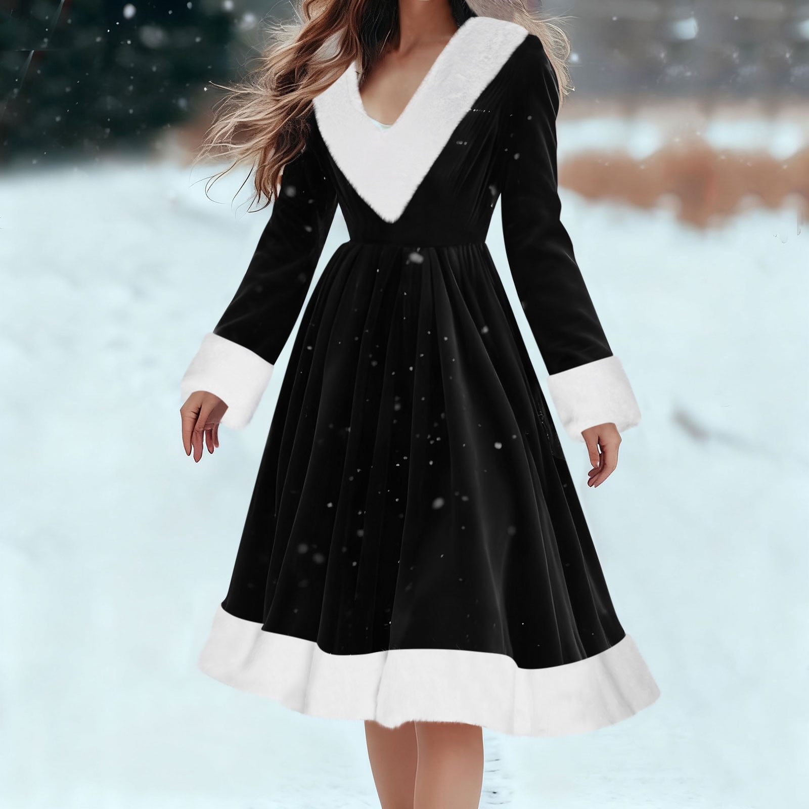 Ahabrexf Dress for Women,Women's Dress Gold Velvet Collar V-Neck Long ...