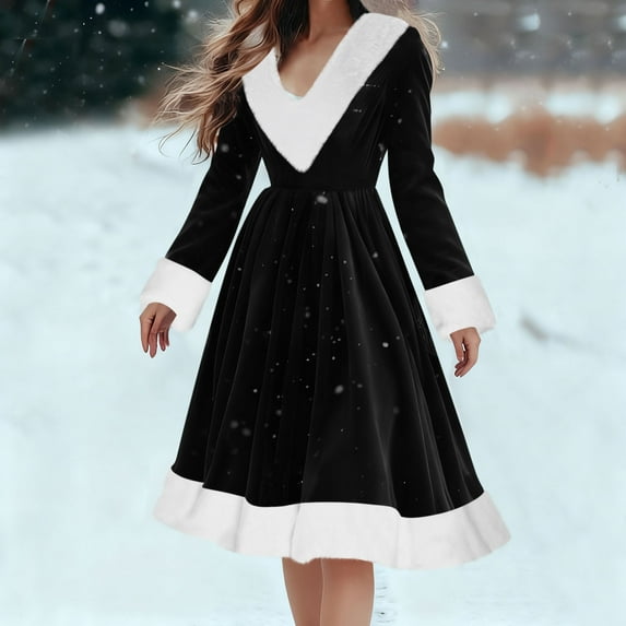 Ahabrexf Dress for Women,Women's Dress Gold Velvet Collar V-Neck Long ...