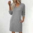 Ahabrexf Dress with Pockets,Women's V Neck Dress Solid Long Sleeve Side ...