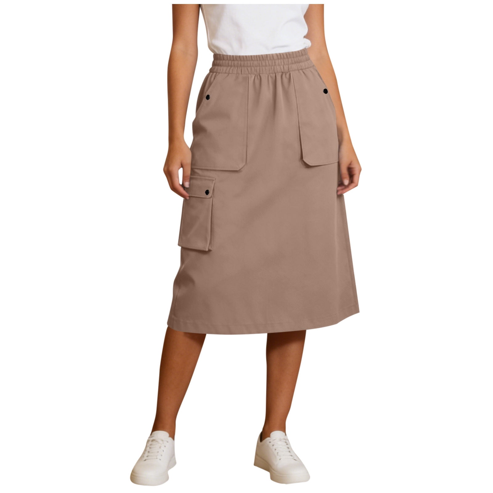 Ahabrexf Elastic Waist Skirts for Women Cargo Midi Skirt With Multiple ...