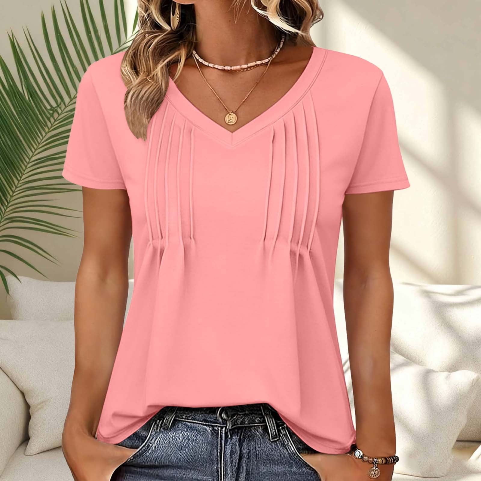 Ahabrexf Fashion Clothing for Women, Women's V-Neck Short Sleeve Top in ...