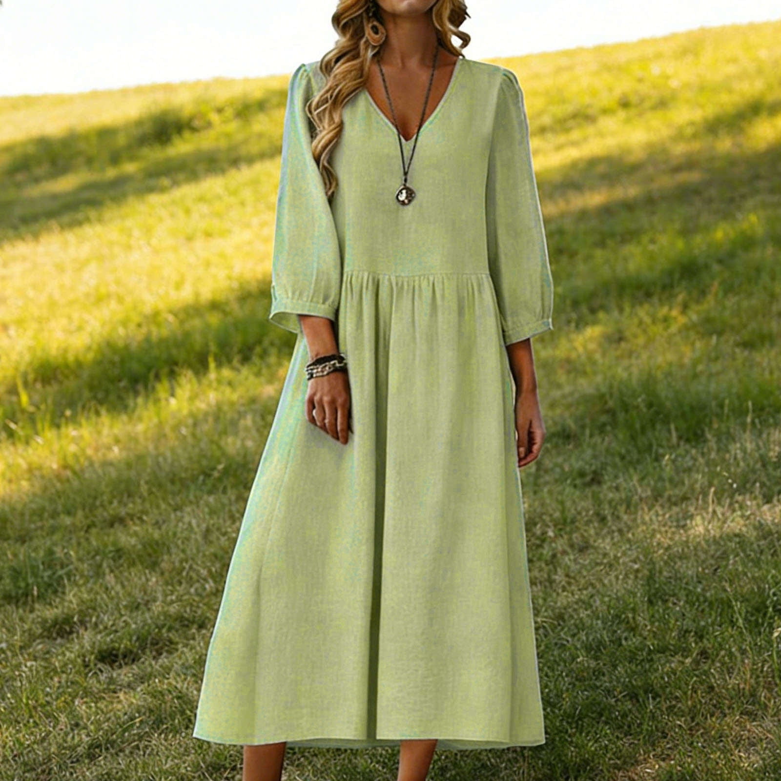 Ahabrexf Formal Dress with Sleeves, Solid Color Linen V-Neck Midi Dress ...