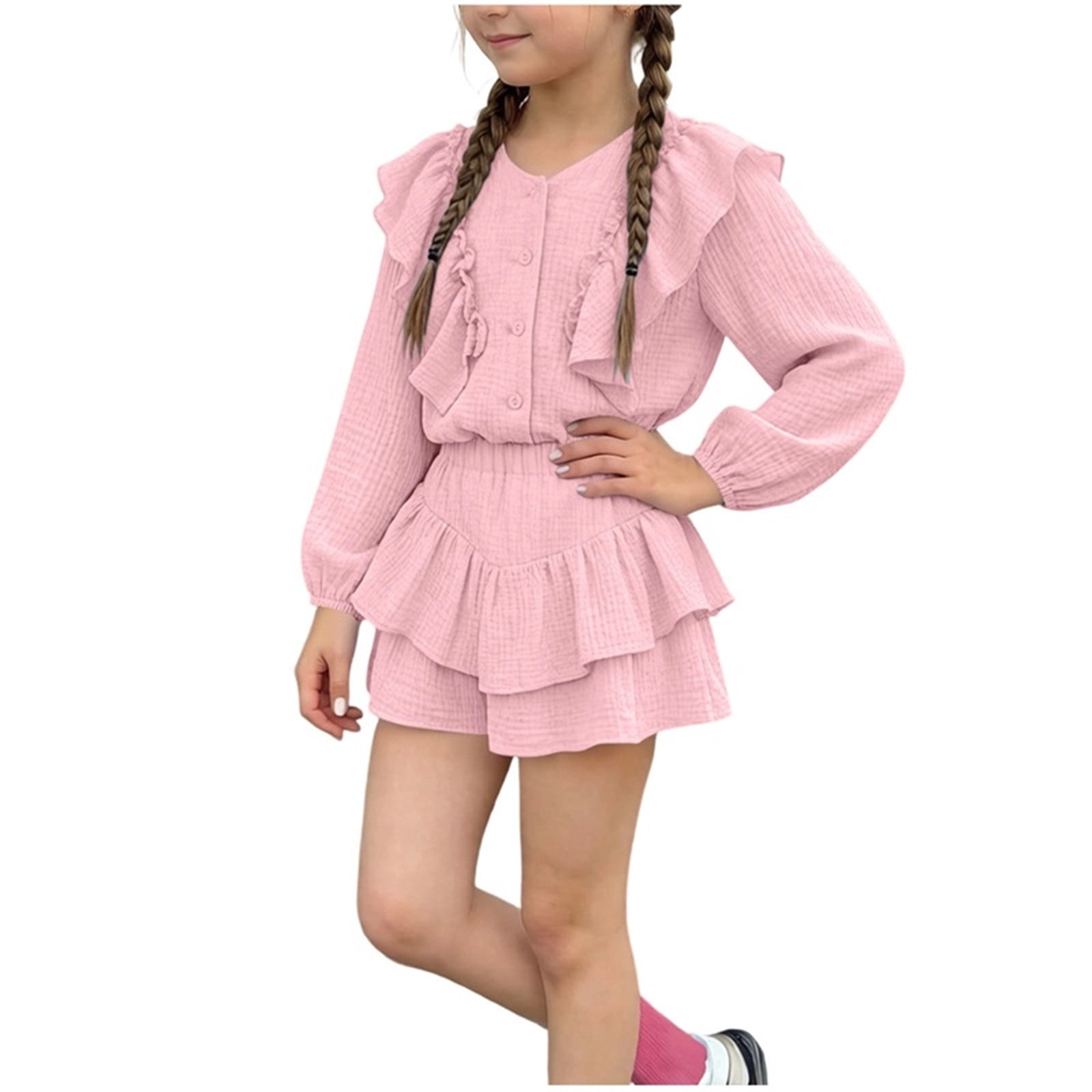Ahabrexf Girls 2-Piece Ruffle Outfit - Long Sleeve Button-Front Top and ...
