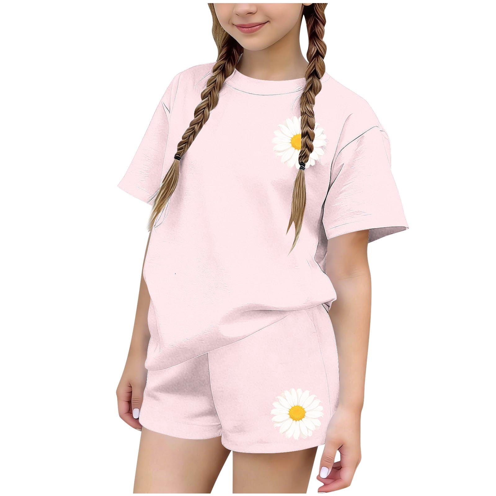 Ahabrexf Girls' Clothing Sets Summer Printed Round Neck Short Sleeve ...