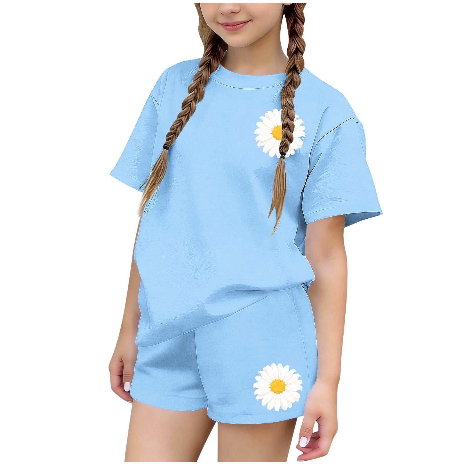 Ahabrexf Girls' Clothing Sets Summer Printed Round Neck Short Sleeve ...