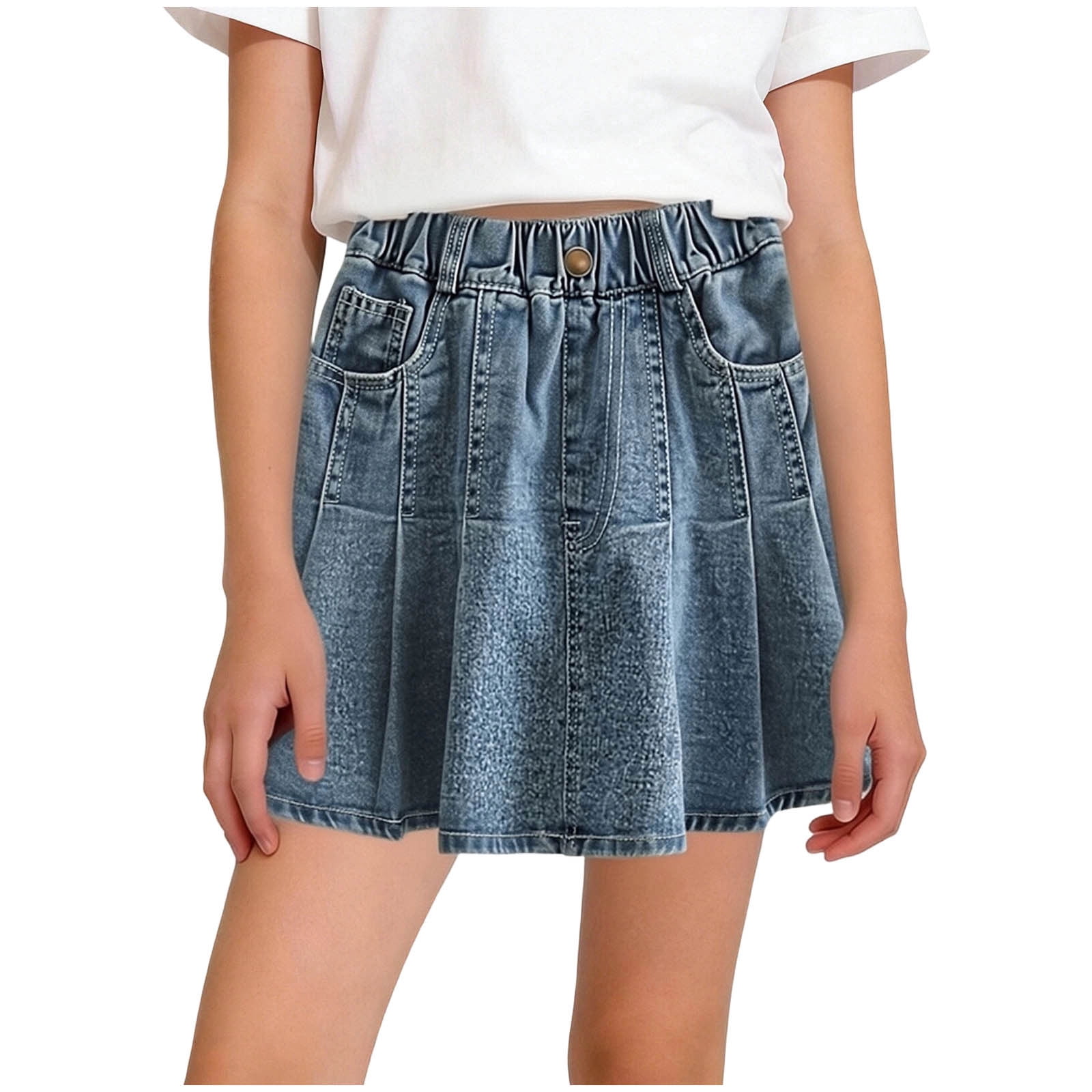 Ahabrexf Girls Denim Skirt Elastic High Waist Pleated A-Line with ...