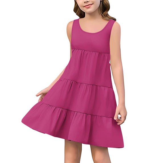 Ahabrexf Girls Sleeveless Dress Soft Stretchy Fabric Solid Color Round ...