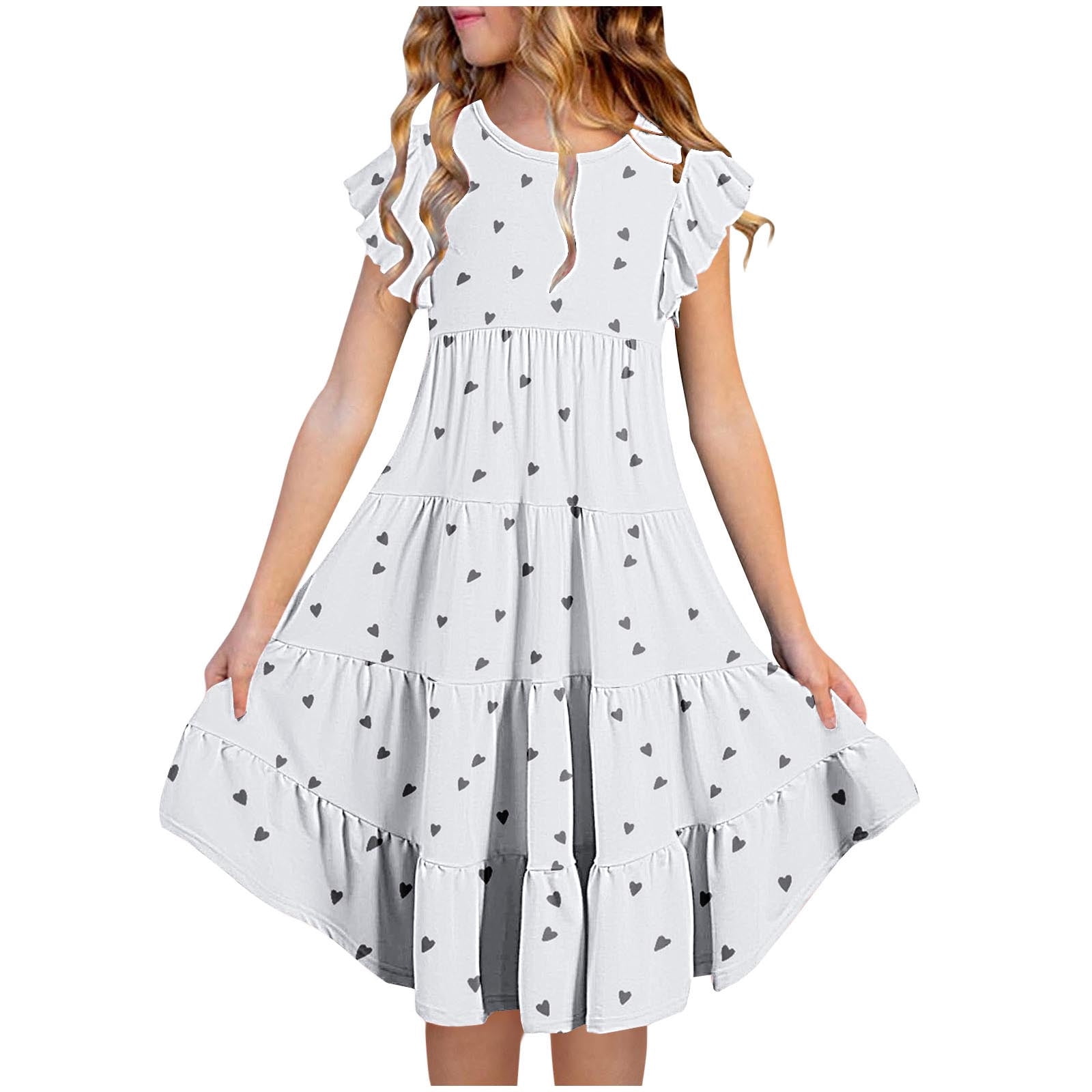 Ahabrexf Girls Summer Dress Flying Sleeve Round Neck Heart Print ...