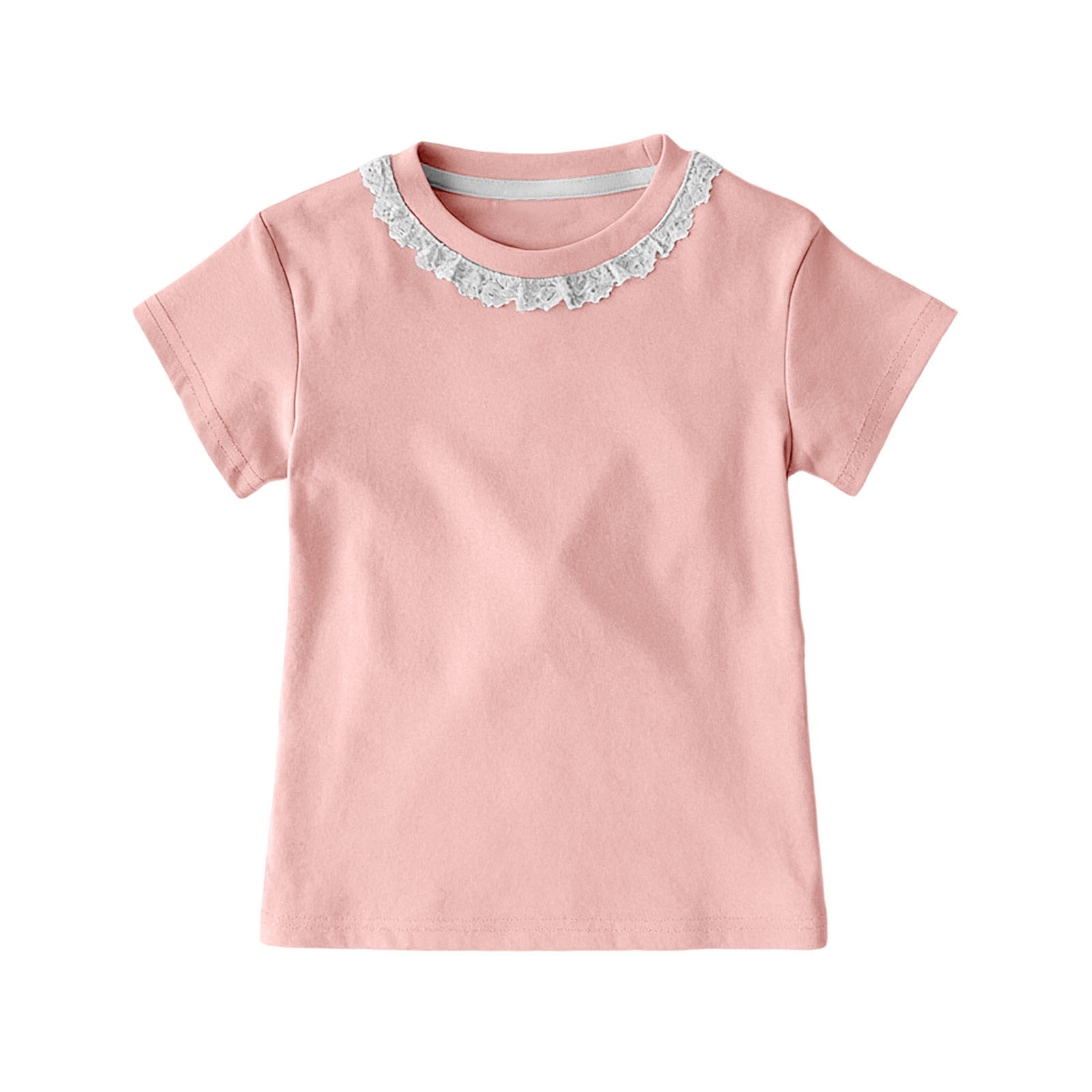 Ahabrexf Girls T-Shirts Lace Trim Solid Color Short Sleeve Soft ...