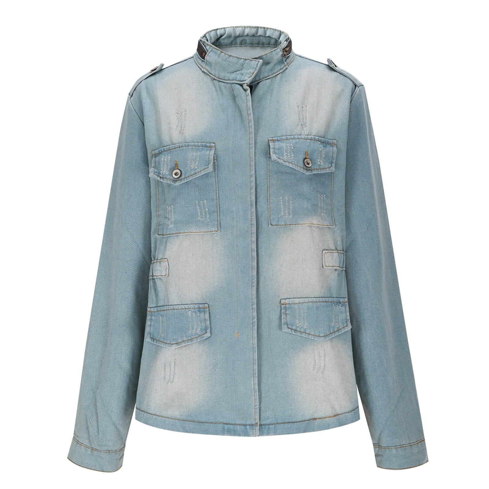 Ahabrexf Fleece Jacket Women, Denim Jacket with Zip Decor Elastic Waist ...