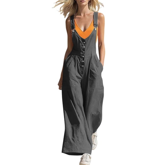 Ahabrexf Jumpsuits for Women Wide Leg Adjustable Strap Button Front ...