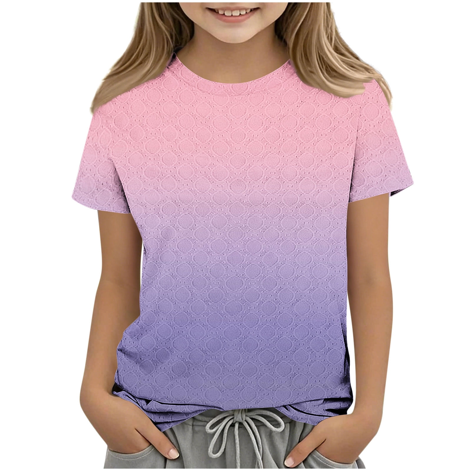 Ahabrexf Kids Gradient Print Round Jacquard Short Sleeve Crew Neck ...
