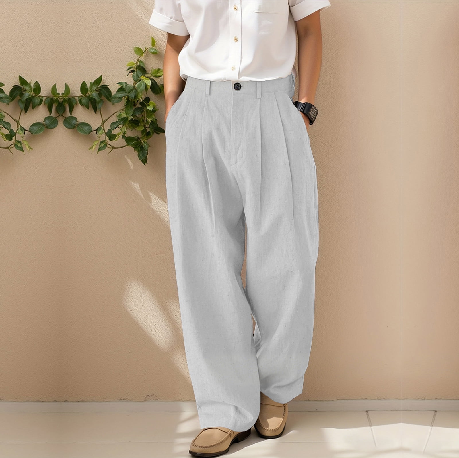 Ahabrexf Linen Pleated Trousers for Men, Relaxed Fit Casual Pants with ...