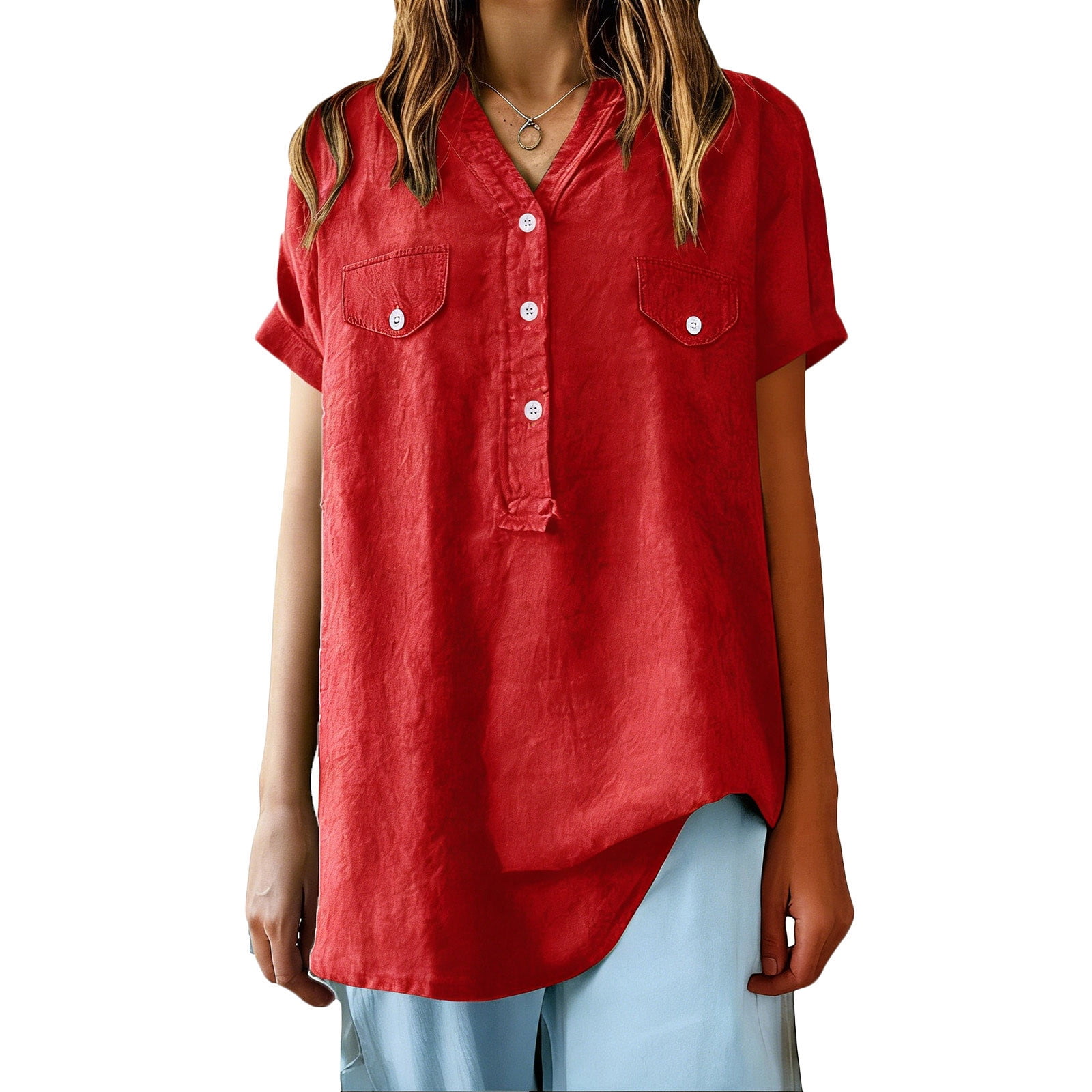 Ahabrexf Linen Shirts for Women, Casual Short-Sleeve V-Neck Button-Down ...