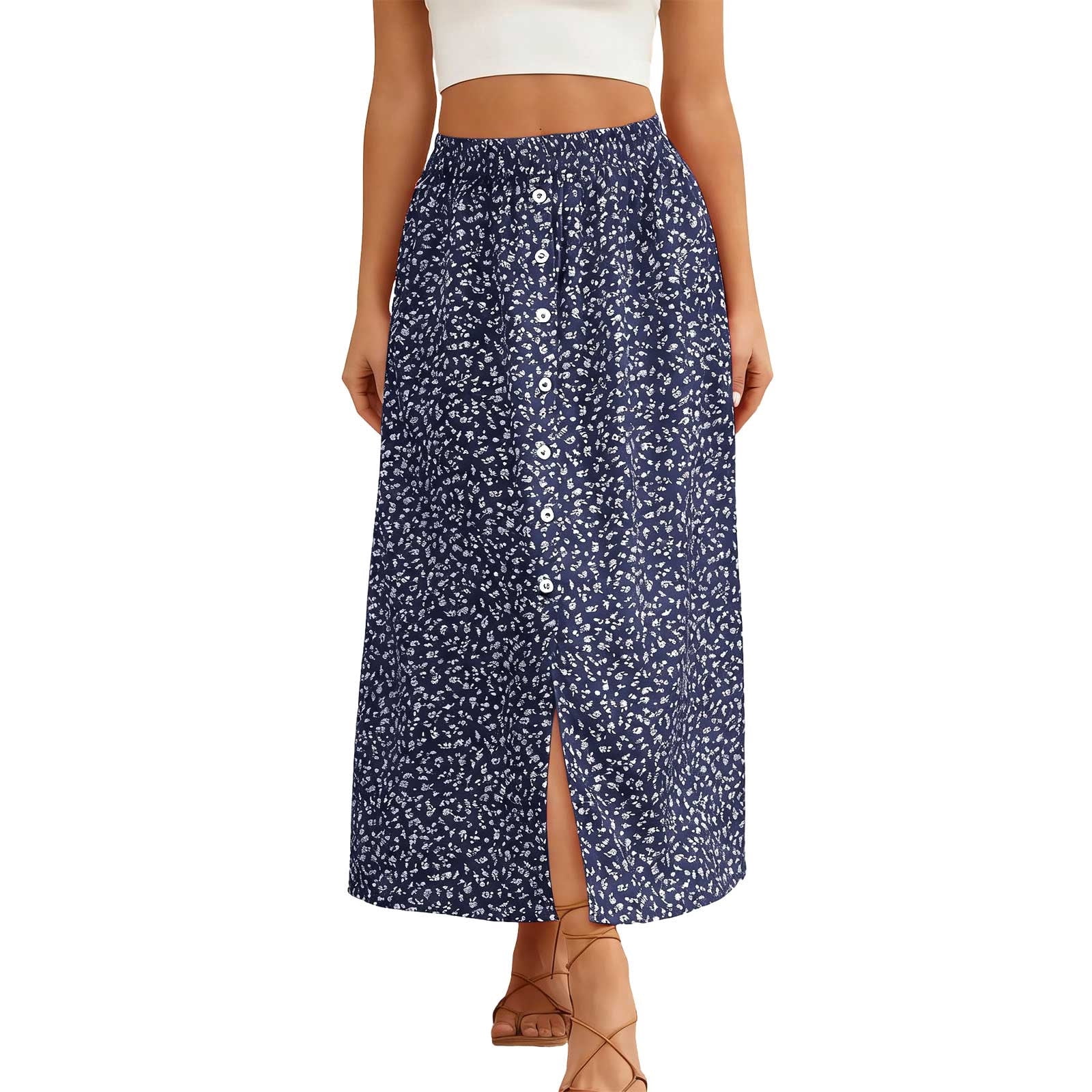 Ahabrexf Linen Skirt Women's Breathable Casual Summer Side Slit Button ...