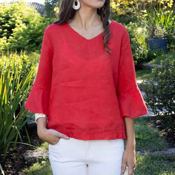 Ahabrexf Linen Tunic, Casual Short Sleeve Button Down Blouse for Women ...