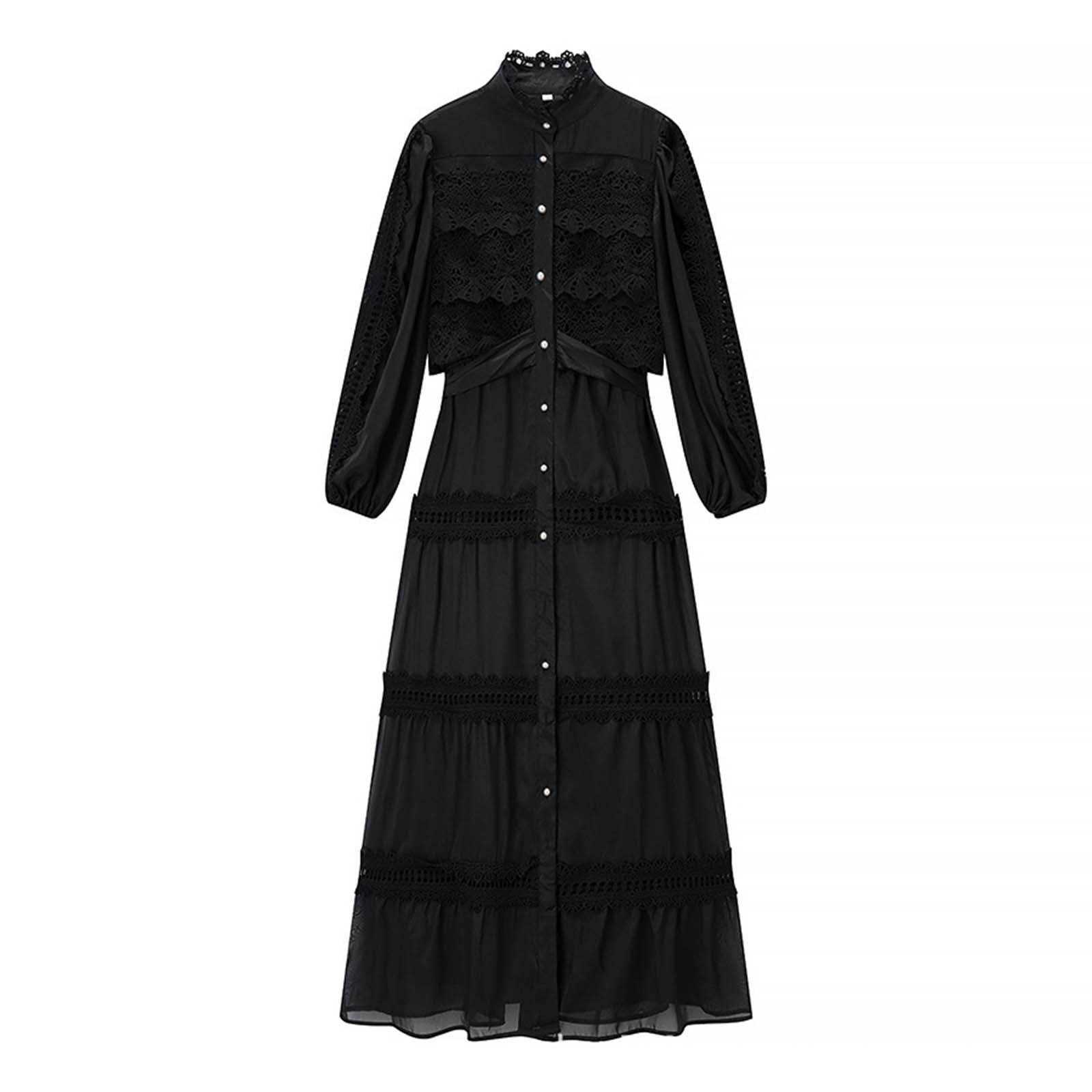 Ahabrexf Long Lace Dress, Single-Tone Elegant Dress with Crew Neck ...