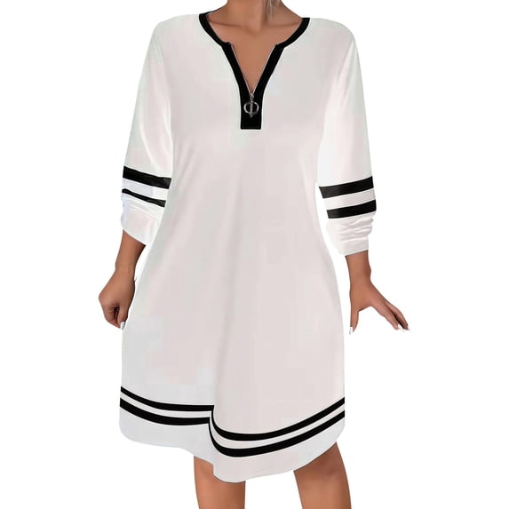Ahabrexf Long Sleeve Maxi Dress Striped Loose Casual Round-neck Zipper ...