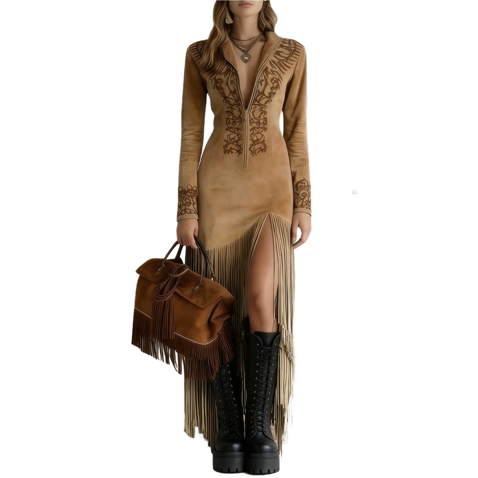 Ahabrexf Long Sleeve Maxi Dress V-Neck Embroidered Fringe Hem Solid ...