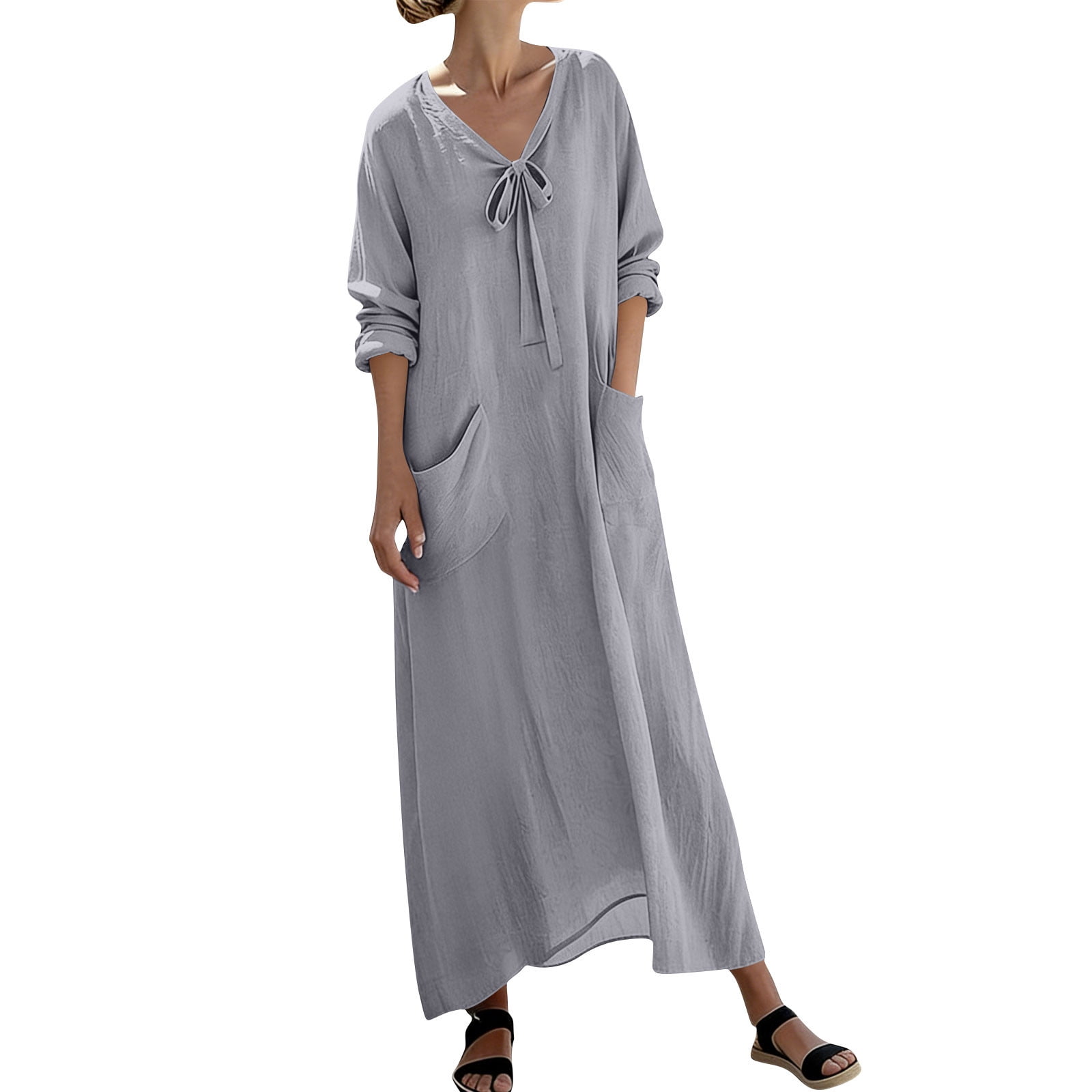 Ahabrexf Long Sleeve Maxi Dress V Neck Loose Plain Women's Casual for ...