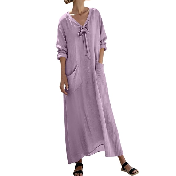 Ahabrexf Long Sleeve Maxi Dress V Neck Loose Plain Women's Casual for ...