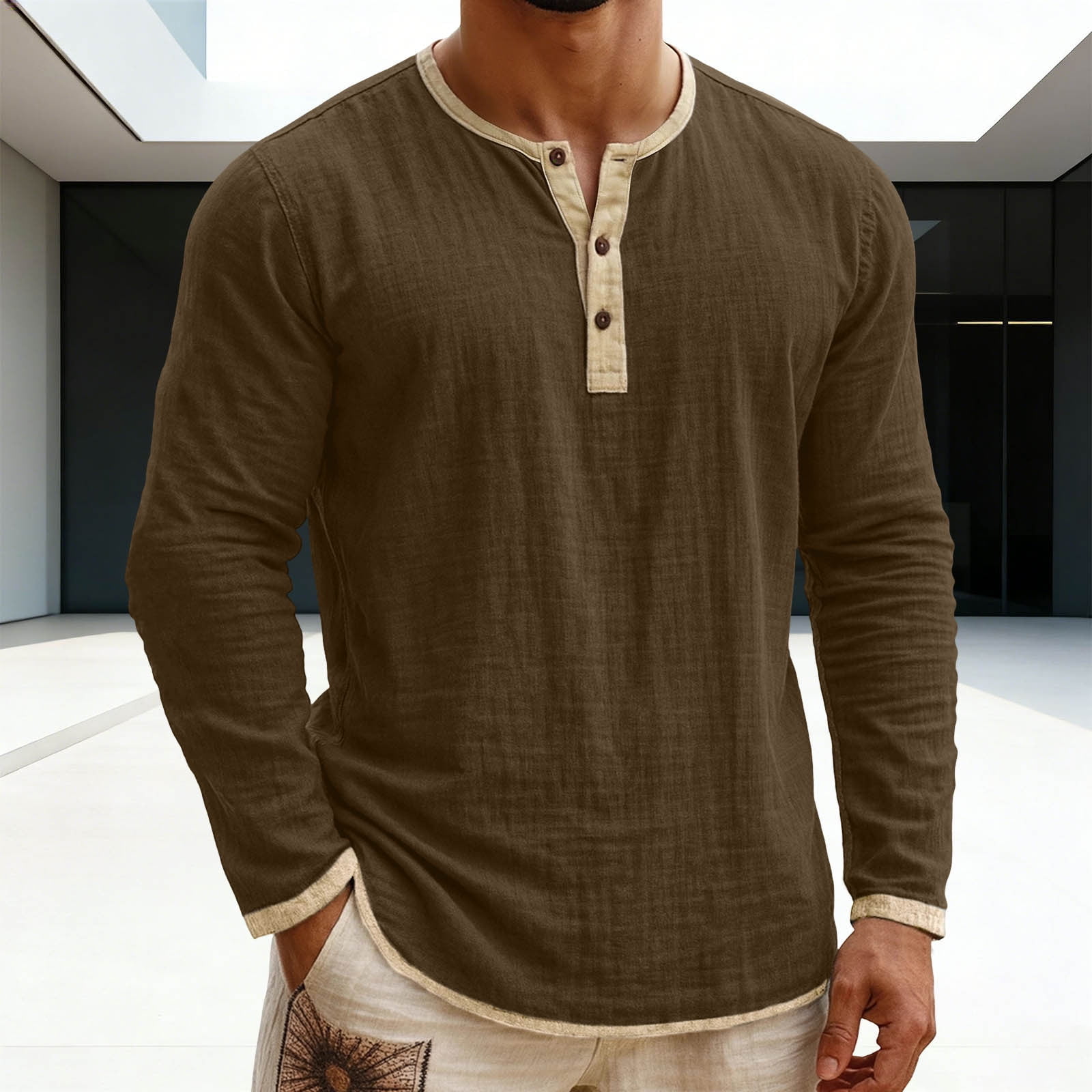 Ahabrexf Long Sleeve Top, Men's Casual Button-Down Shirt in Solid ...