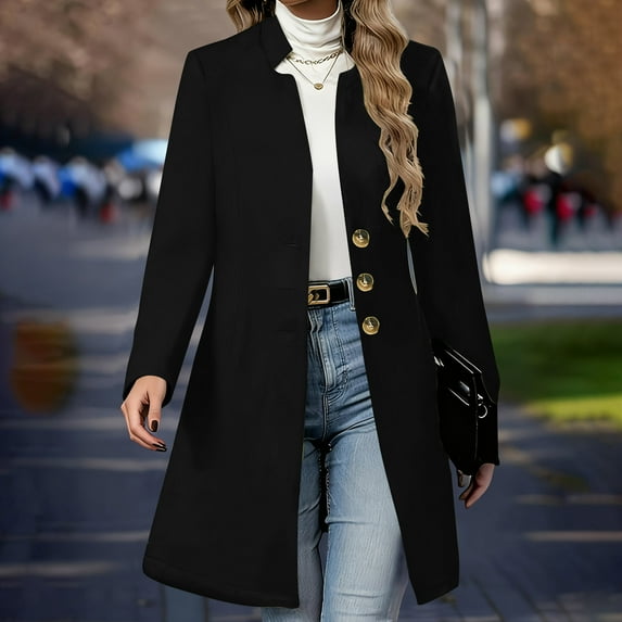 Ahabrexf Long Wool Coat,Women's Solid Laid-Back Thicken Wool Stand ...