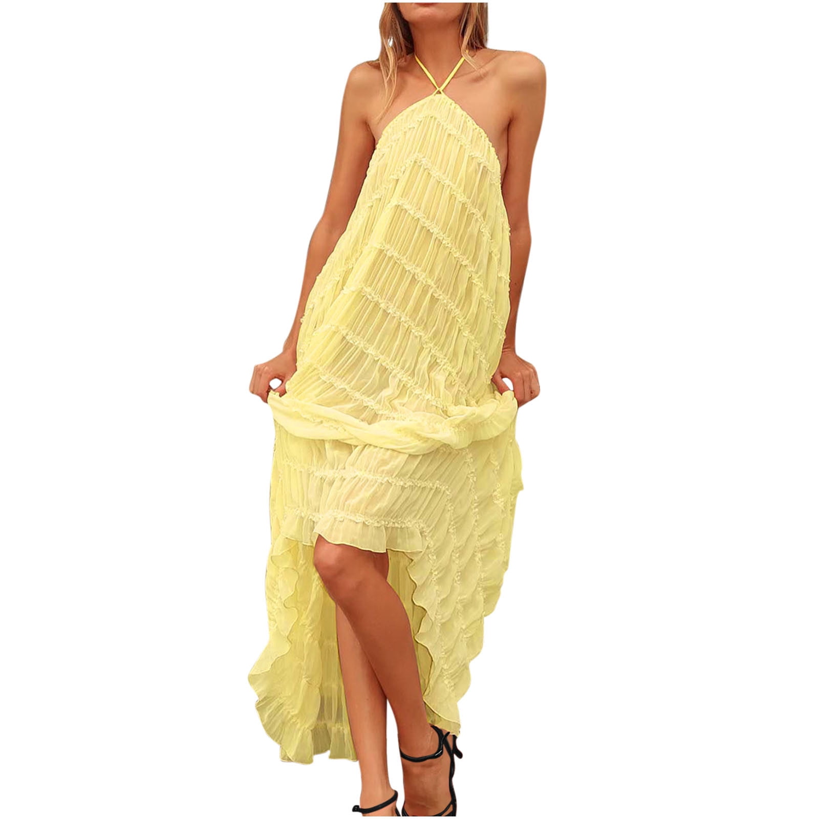Ahabrexf Maxi Dress for Women Neck Sleeveless Solid Color Casual Summer ...