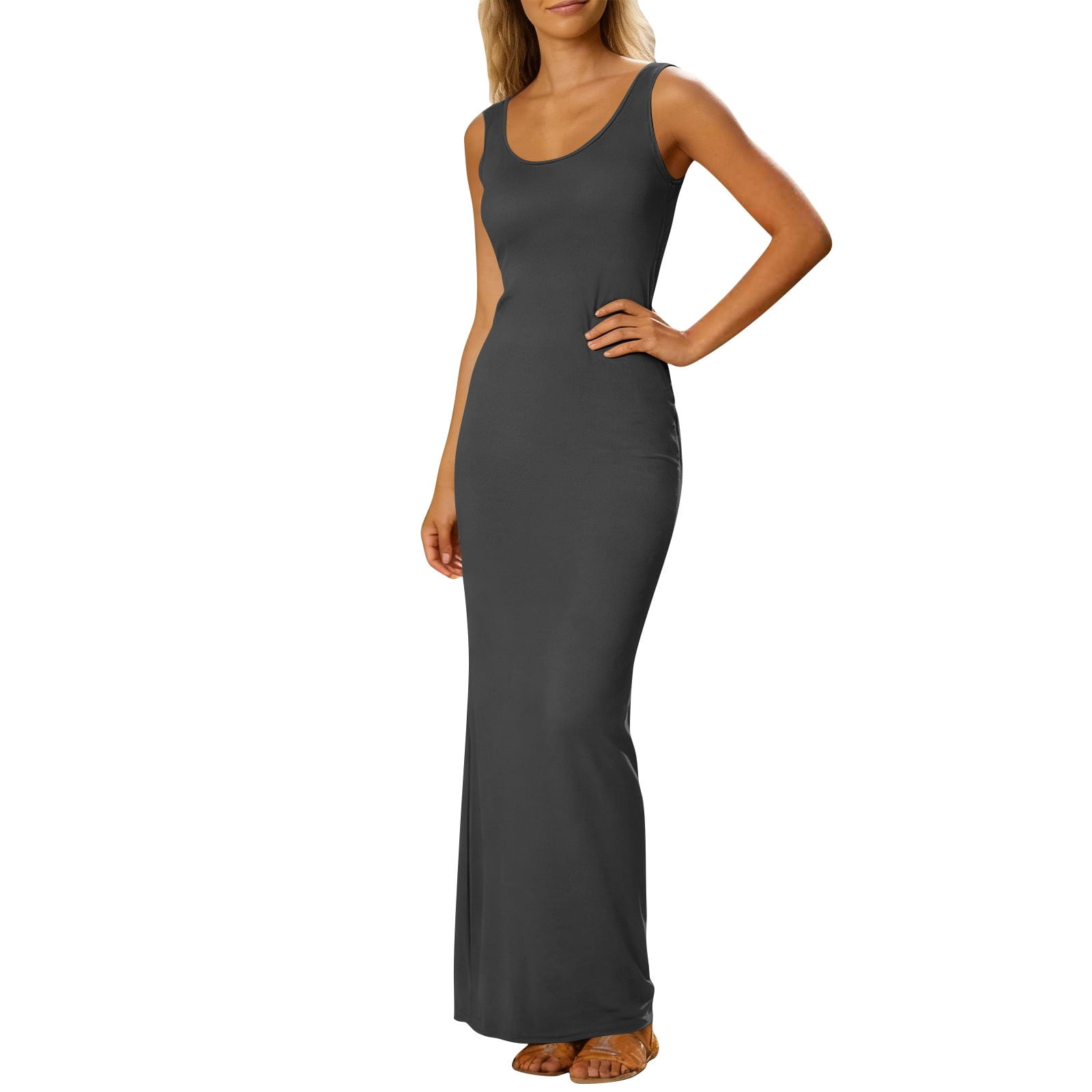 Ahabrexf Maxi Dress for Women Silky Fiber Silk Sleeveless Round Neck ...