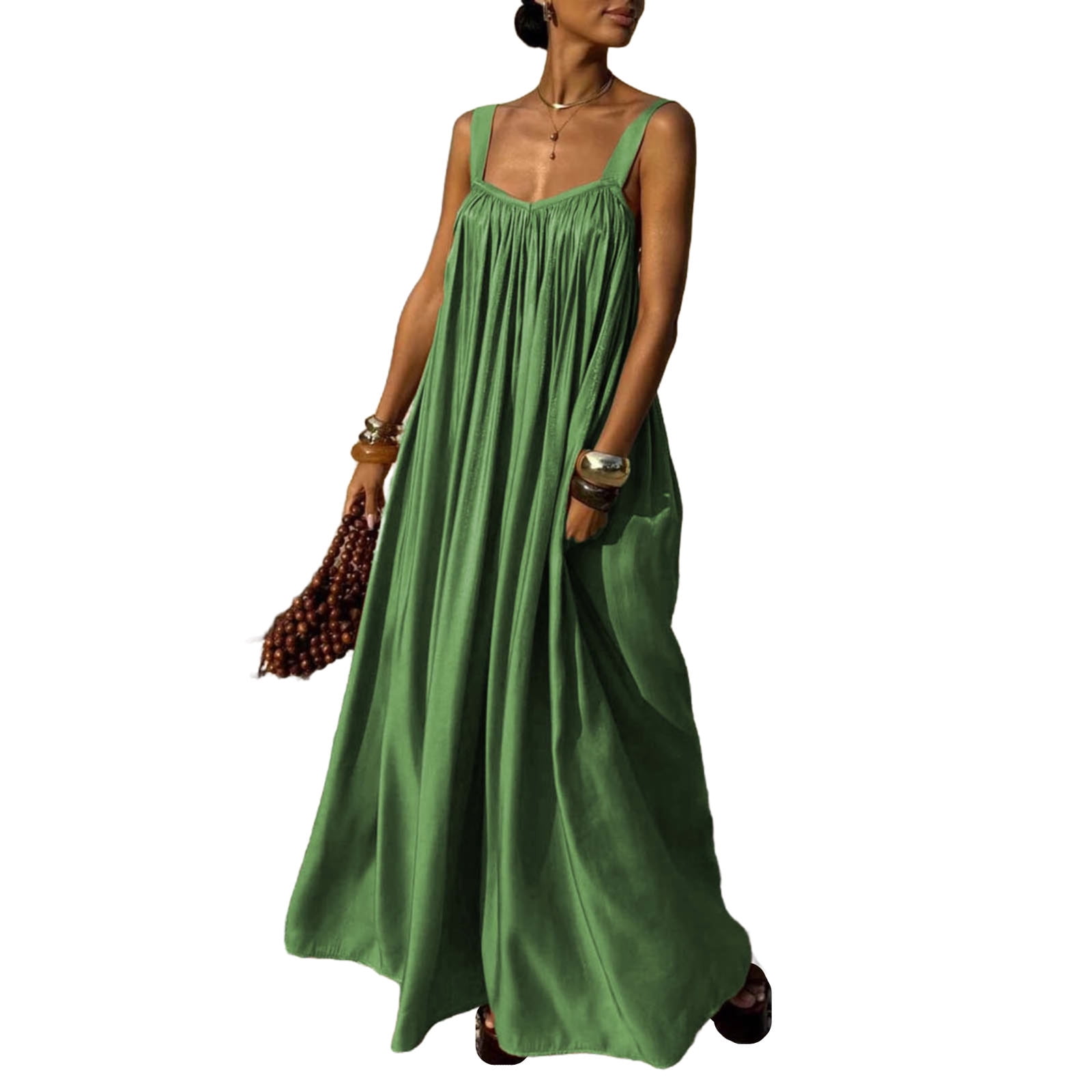 Ahabrexf Maxi Dress for Women V-Neck Sleeveless Pleated Spaghetti Strap ...