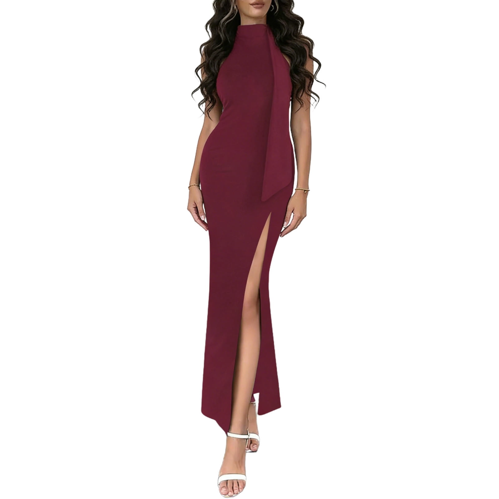 Ahabrexf Maxi Dresses for Women Sleeveless Neck Draped High Slit ...
